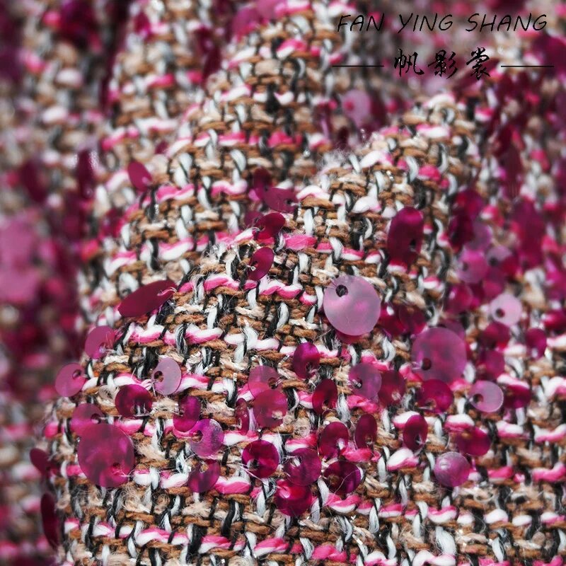 Розово-красная твидовая ткань с блестками Fan ying shang 1 yard