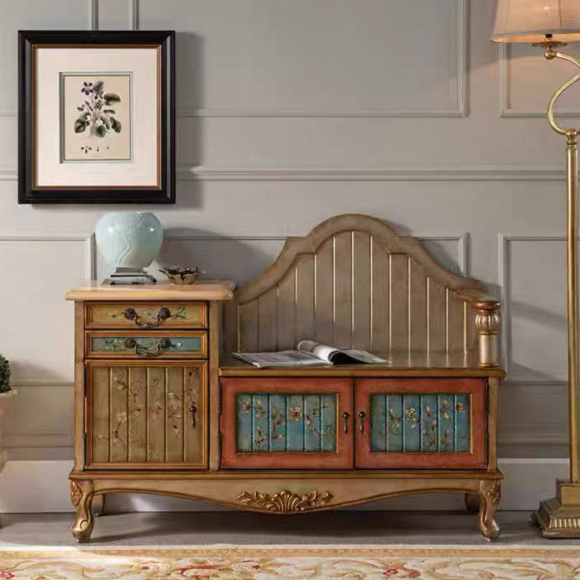 Интерьерная банкетка с тумбой для обуви в американском ретро стиле Kreuz (золотистый / тумба справа)