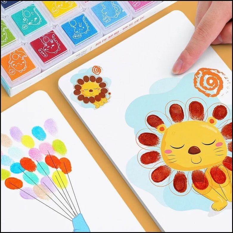 Краски пальчиковые для малышей от 1 года, "Рисуем пальчиками", Набор для рисования для малышей, 12 цветов, 32 карты