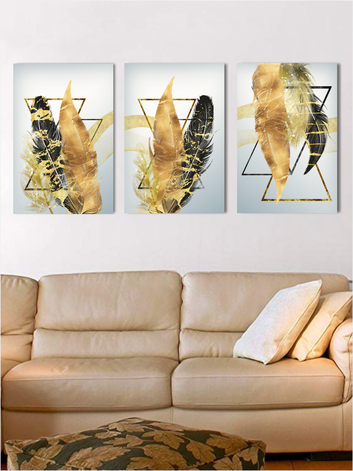 Модульная картина для интерьера на стену, Золотые перья в треугольниках 50х75 см - 3 штуки холст на подрамнике