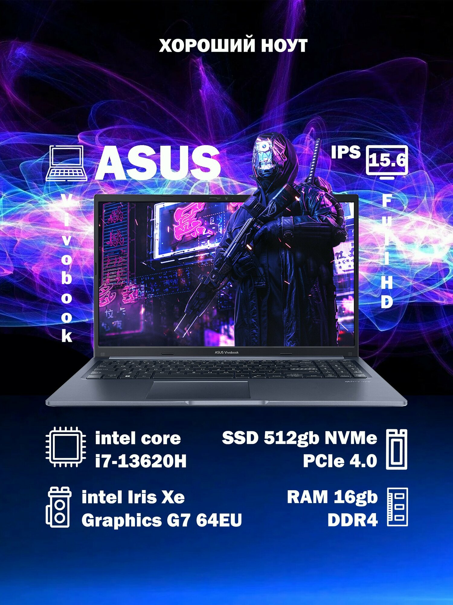 2026г Новые топовый Asus Core i7-13620H, SSD 512gb, 16gb, IPS 15.6" Full HD, Windows 11 PRO + Office 2021 Pro Plus , Русская раскладка