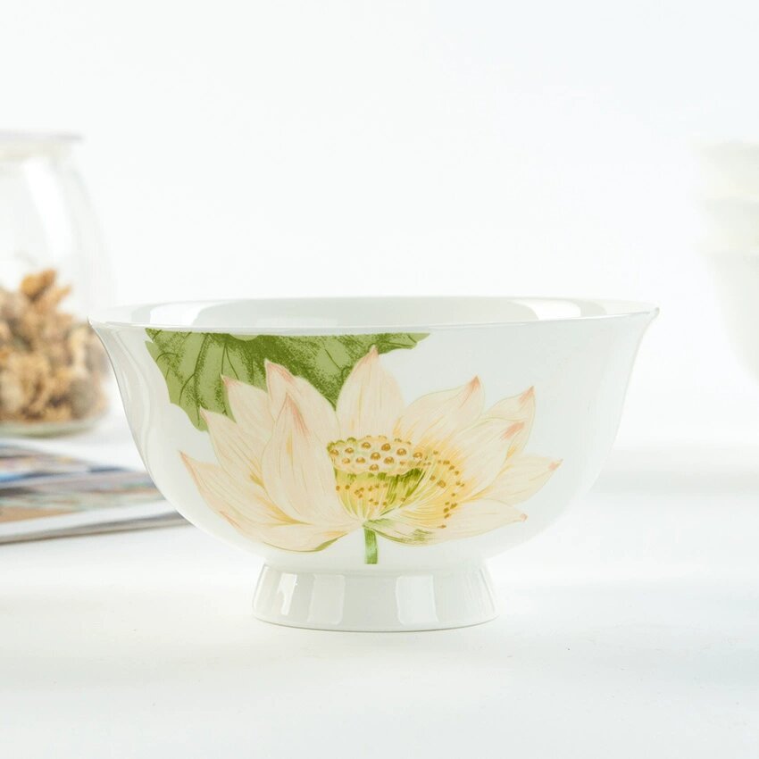 Чаша для риса Jinlan Jade Tangshan Bone China 5inch на высокой ножке, керамическая, с защитой от ожогов, с подставкой,