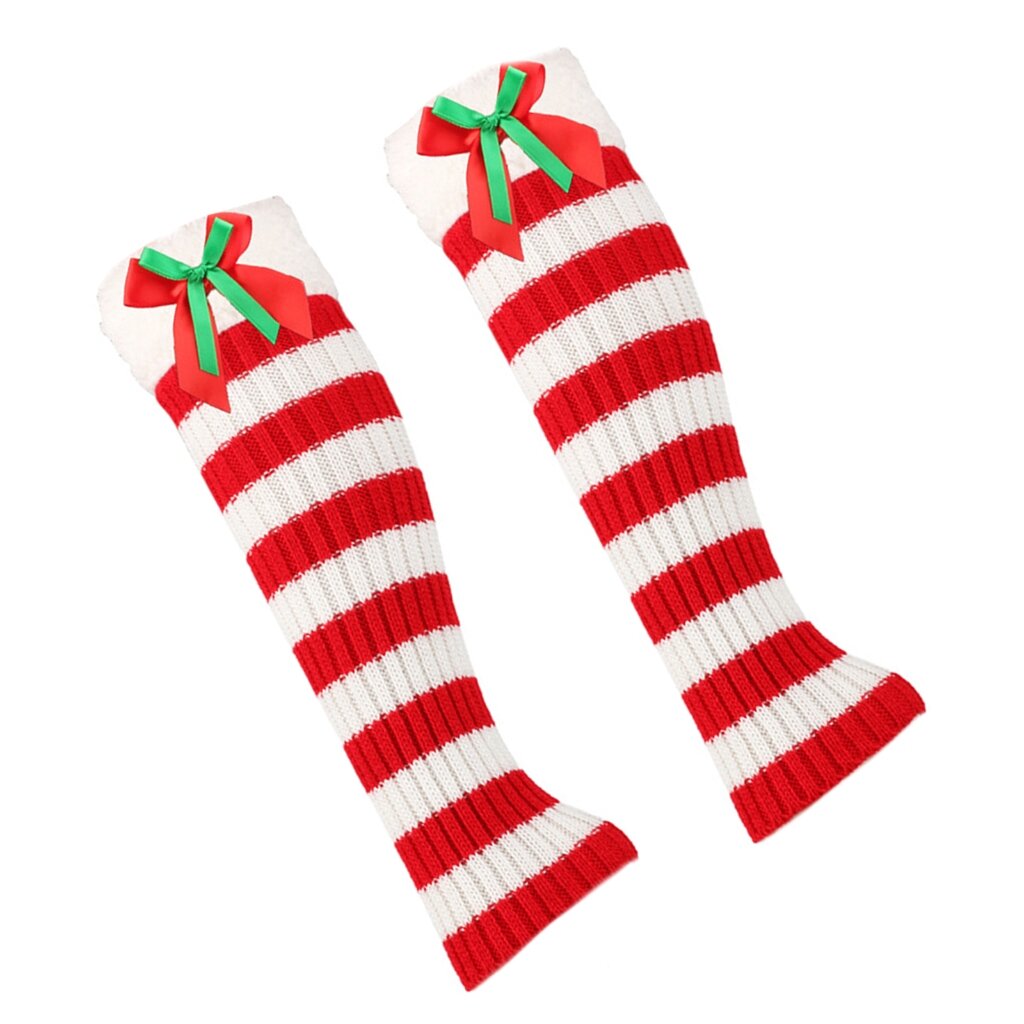 Зимние вязаные гетры с полосками для женщин с плюшевой отделкой и бантом