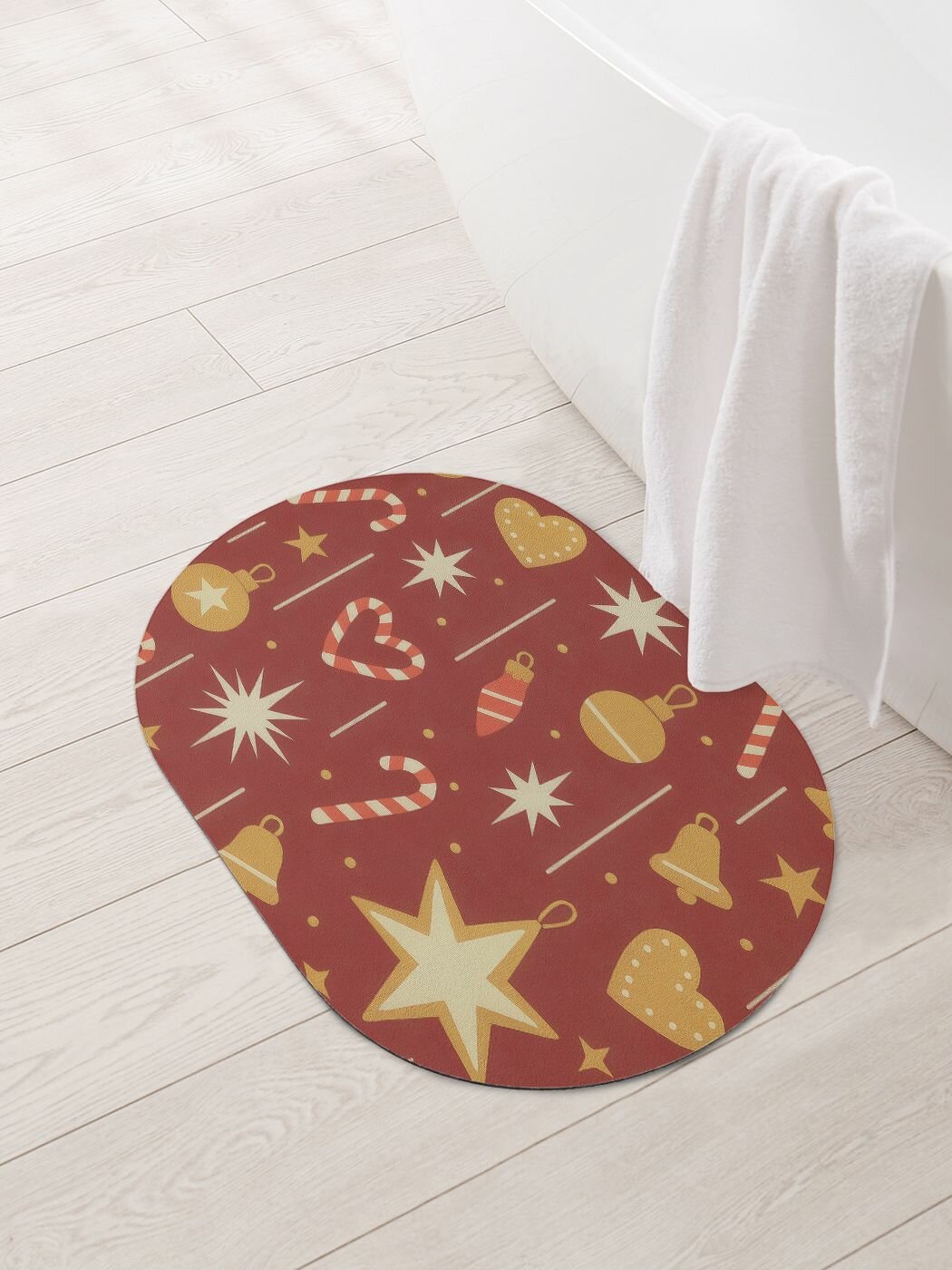 Коврик для ванной и туалета овальный противоскользящий "Игрушки для елки" 58x38 см, JoyArty, серия Новый год и Рождество