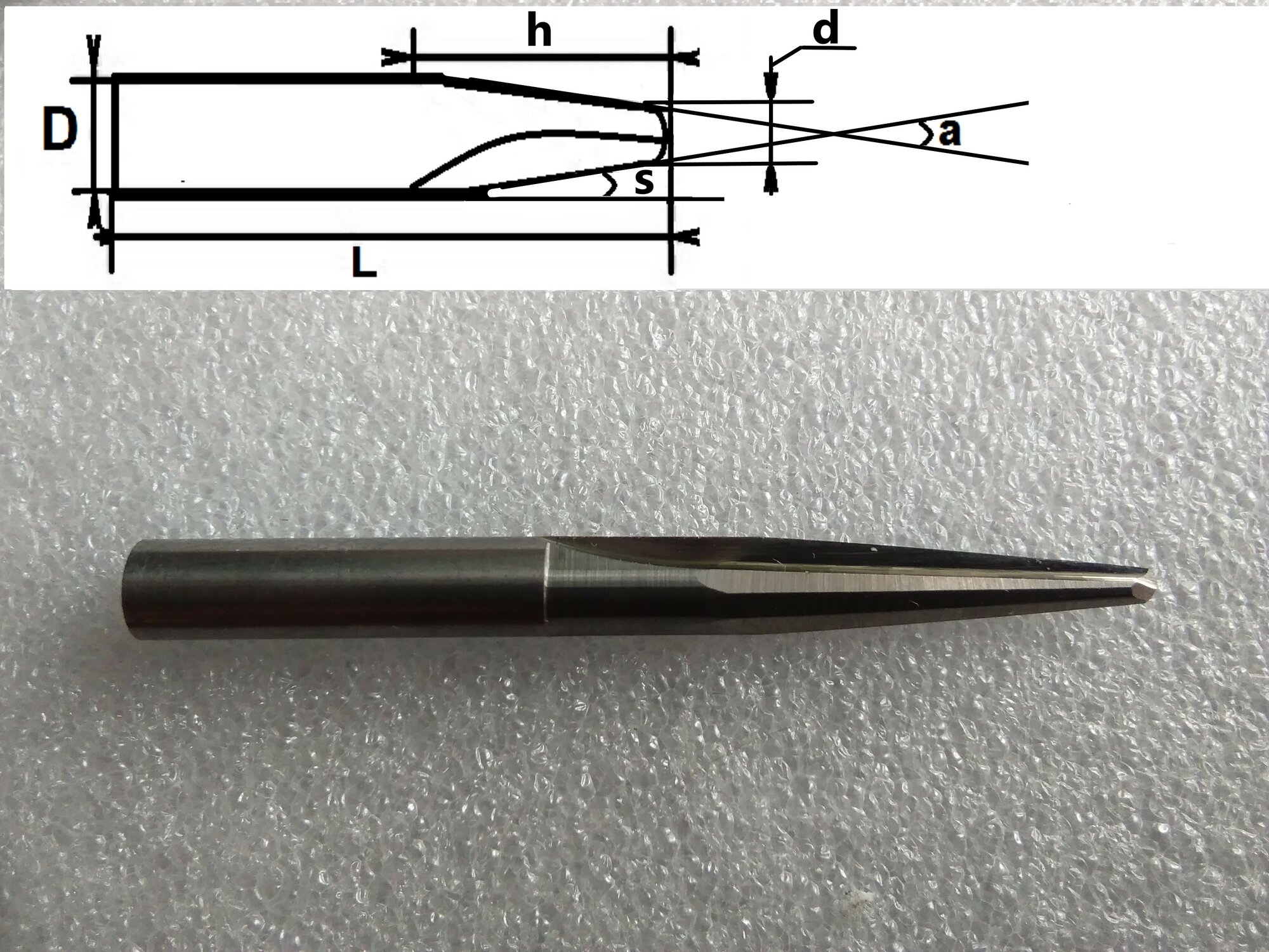Фреза конусная прямая двухзаходная сферическая для (3D) ZQ6102: R-1,0 / d-2/ h-30/S-5/a-10/ D-6/ L-60. X series