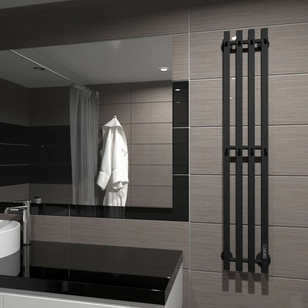 Полотенцесушитель электрический INARO профильный 1200х210 правый, скр. монтаж, СНШ, черный матовый(RAL 9005), (Ferrum), Маргроид форма нестандартная