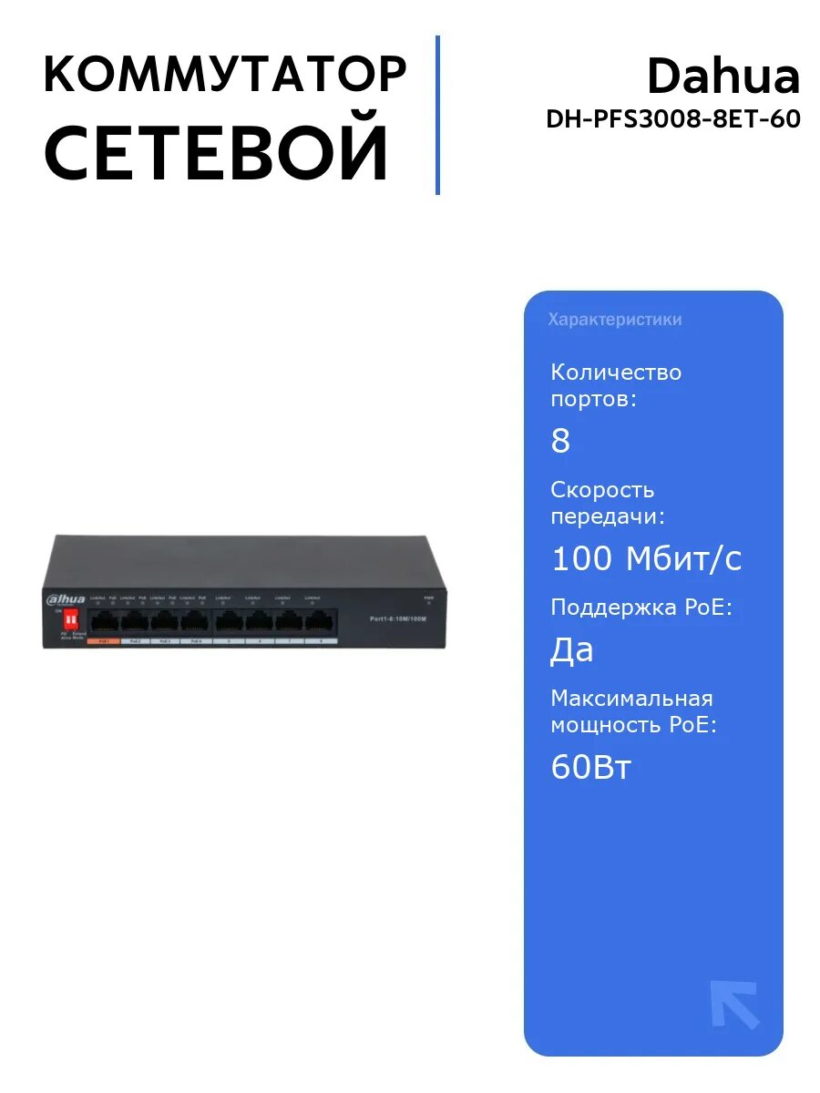 Dahua DH-PFS3008-8ET-60 - Коммутатор 8-и портовой с 4-мя PoE портами