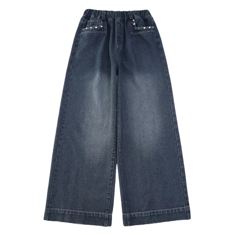 LI Mall Новые осенние бэгги для девочек модные свободные прямые монochromные джинсы 5-14 лет