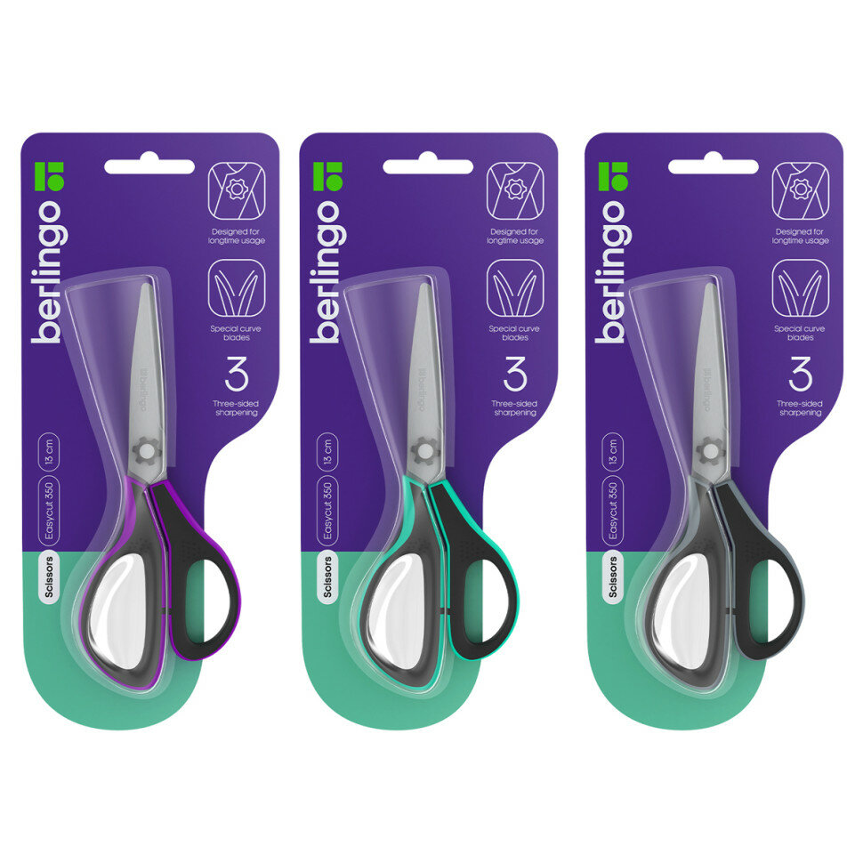 Ножницы Berlingo "Easycut 350", 13см, ассорти, эргономичные ручки, мягкие вставки, европодвес, 326330