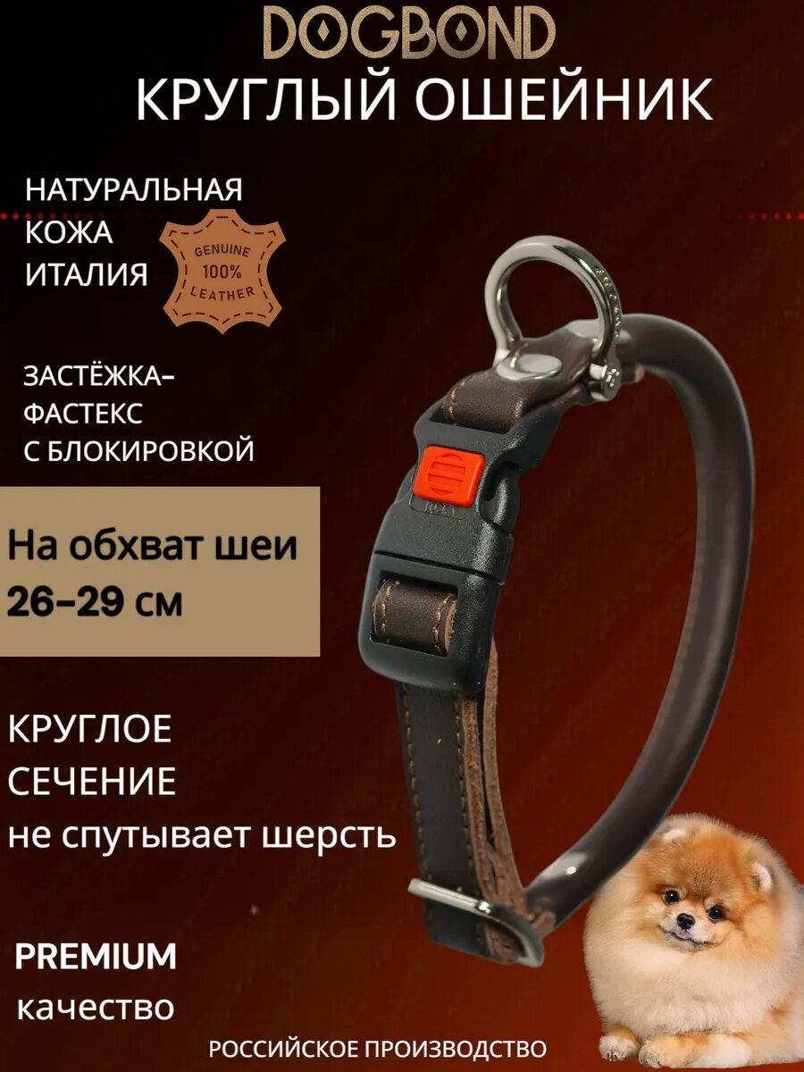 Dogbond Ошейник для шпица круглый кожаный 26-29 см