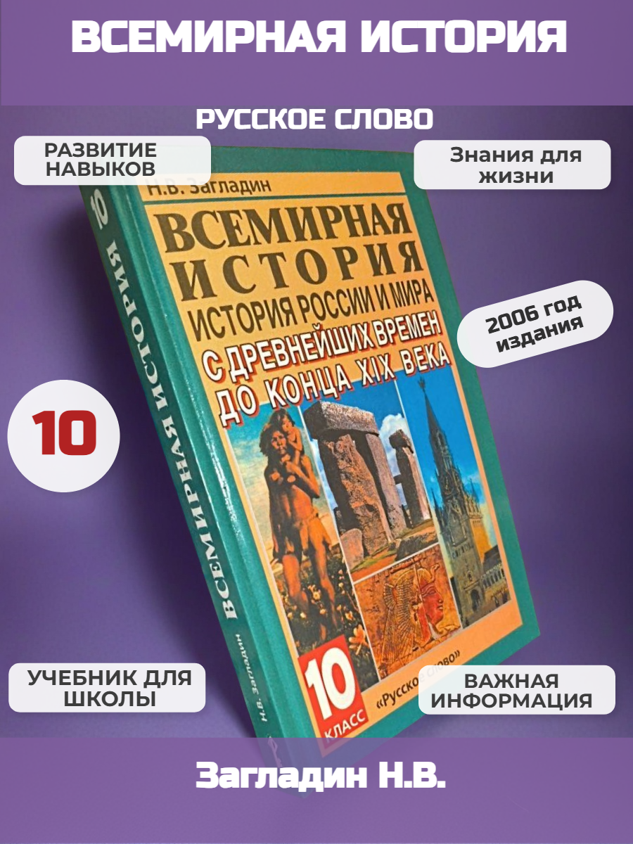 10 класс. Учебник История России и мира. С древанейших времен до конца XIX века. Загладин Н. В. 2006 год издания.