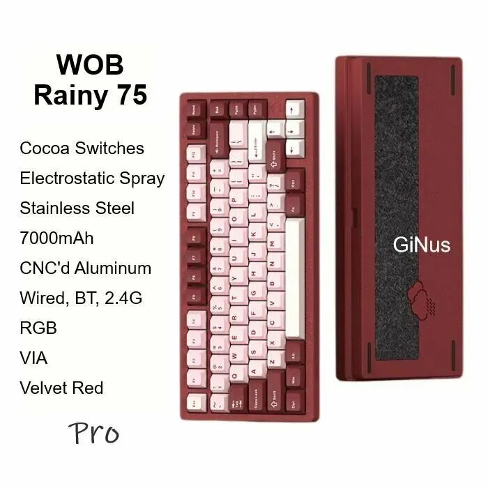 Игровая клавиатура беспроводная Rainy75 Pro, VelvetRed, RGB, CocoaSwitches, ElecSpray, Английская раскладка, красный