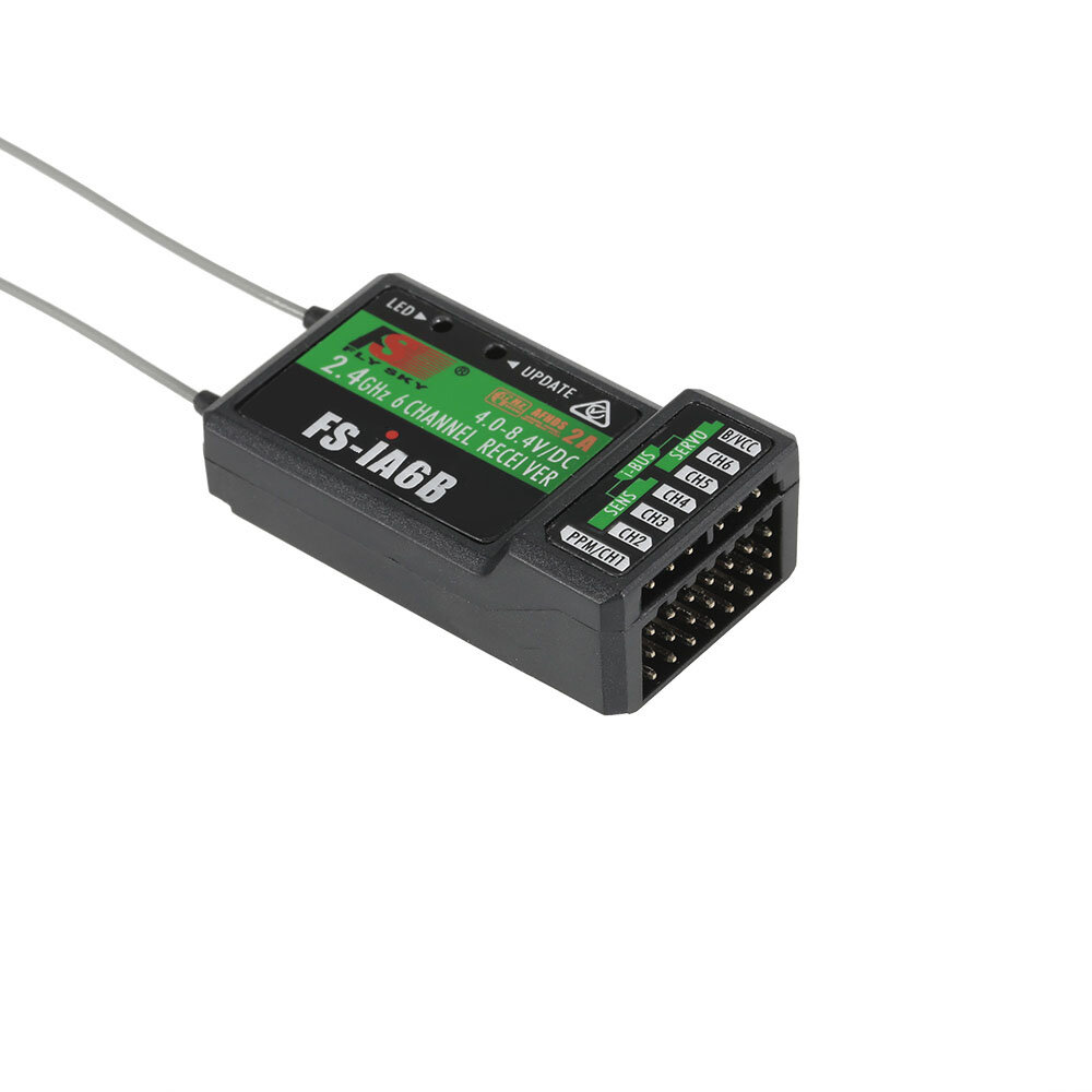 2.4G Flysky FS-iA6B 6Ch PPM Output с портом iBus, совместимый с передатчиками Flysky i4 i6 i10, 6 каналов, модель самолёт/планер/вертолёт, диапазон частот 2.4--2.48GHZ, длина антенны 26mm*2, входное напряжение 4.0-8.4V DC, размеры 47*26.2*15mm,