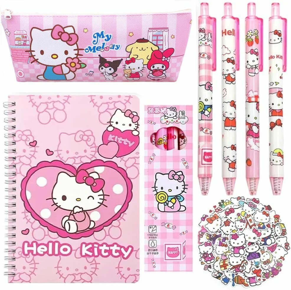 Hello Kitty Симпатичный набор канцелярских принадлежностей -1 пенал, 4 ручки, 1 ежедневник, 50 наклеек.