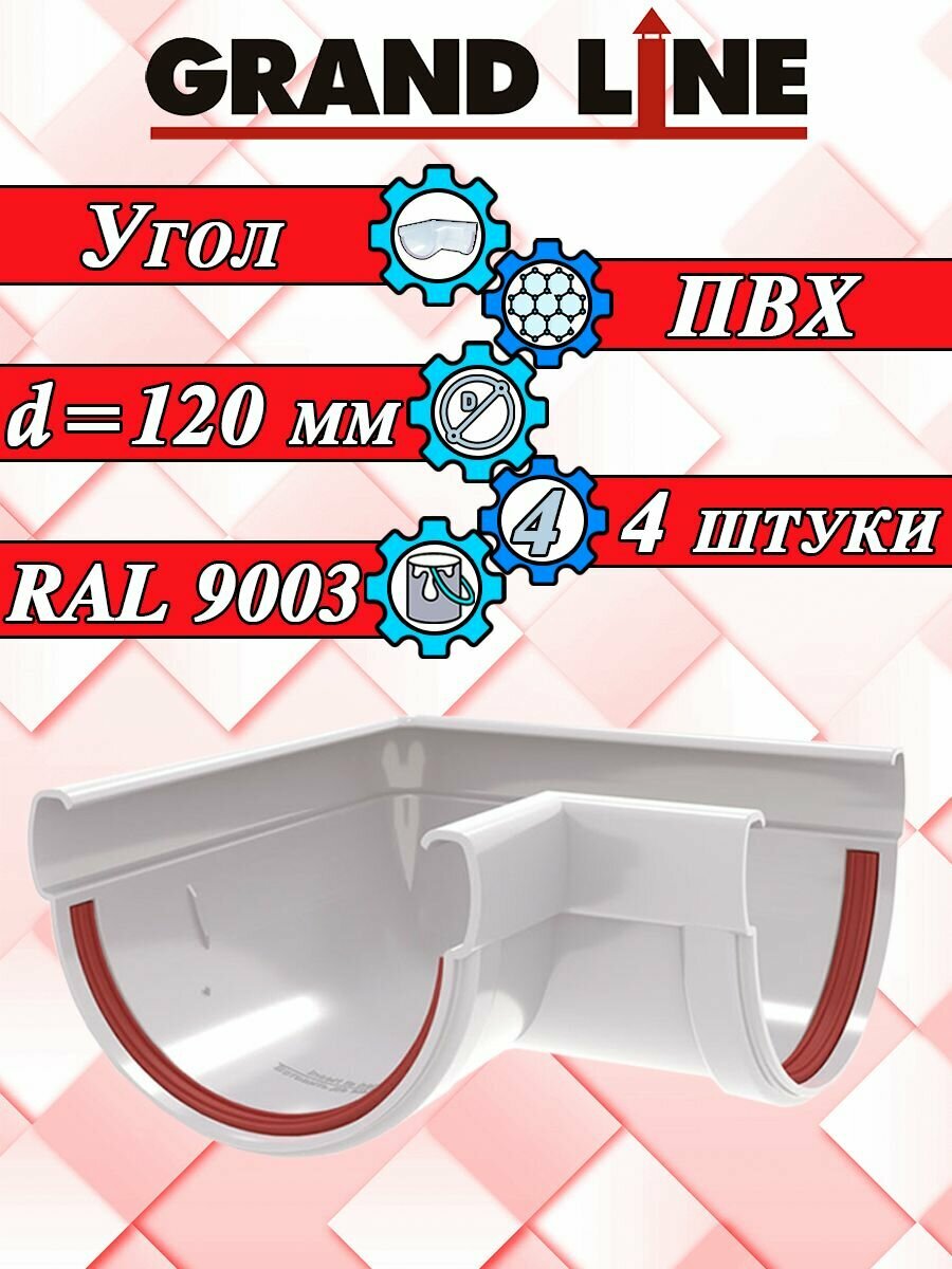Угол желоба 4 штуки 90 Grand Line внешний/внутренний ПВХ пломбир RAL 9003 (d 120 мм) для водосточной системы ГЛ (120/90), белый элемент водостока для крыши