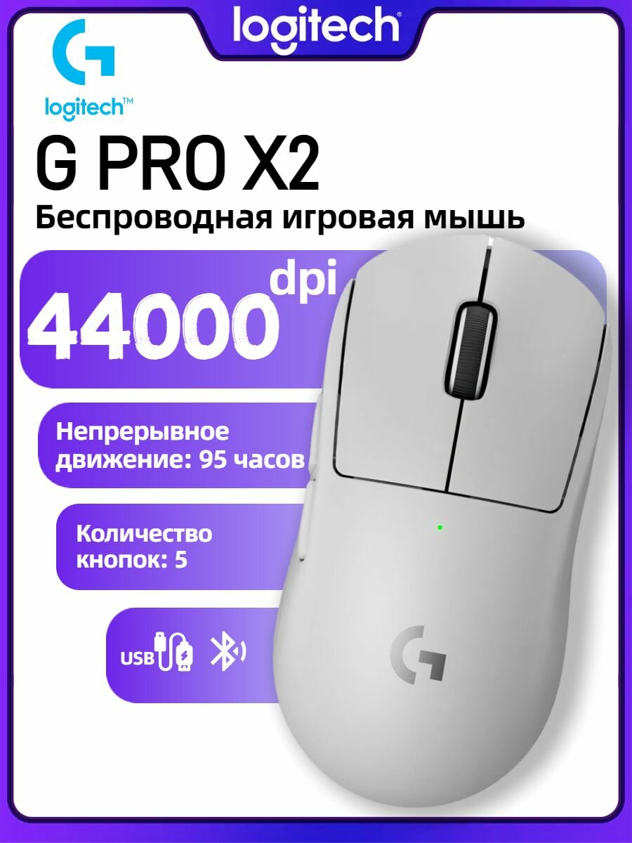 Logitech G, Игровая мышь беспроводная PRO X SUPERLIGHT 2, Версия CN, Доступно для MAC и Windows, белый, Bluetooth
