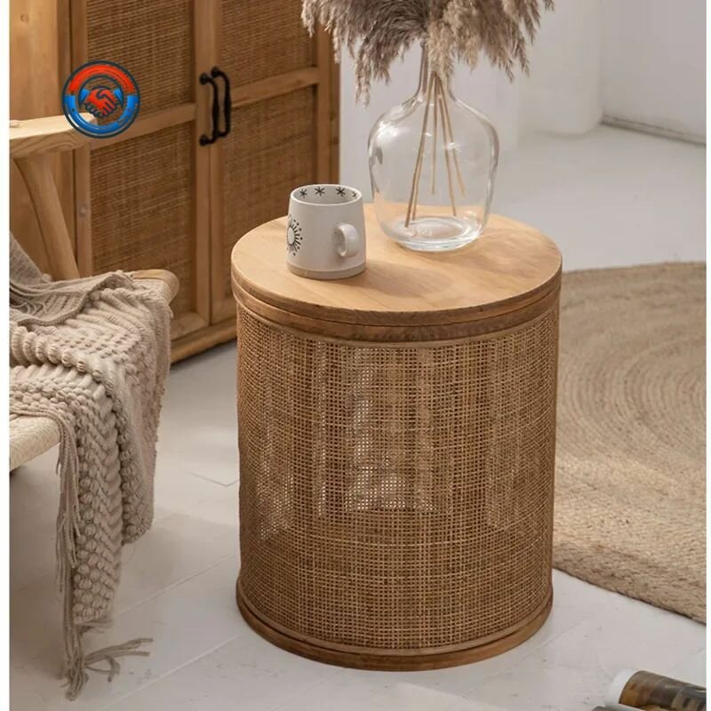 Японский журнальный столик из массива и ротанга, круглый стол для гостиной, спальни и веранды, легкий природный стиль, удобное хранение и уютный декор