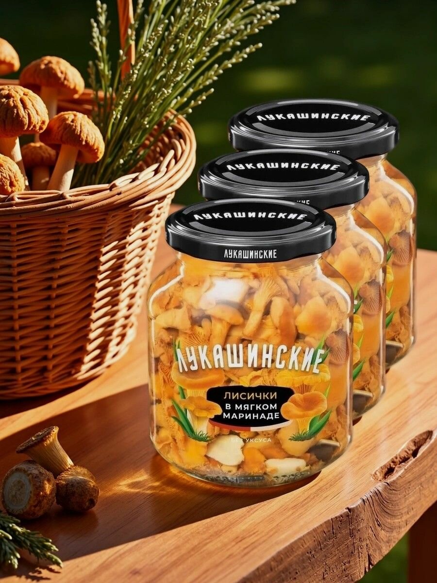 Лукашинские грибы маринованные "Лисички", 340 г. (Набор из 3 банок )
