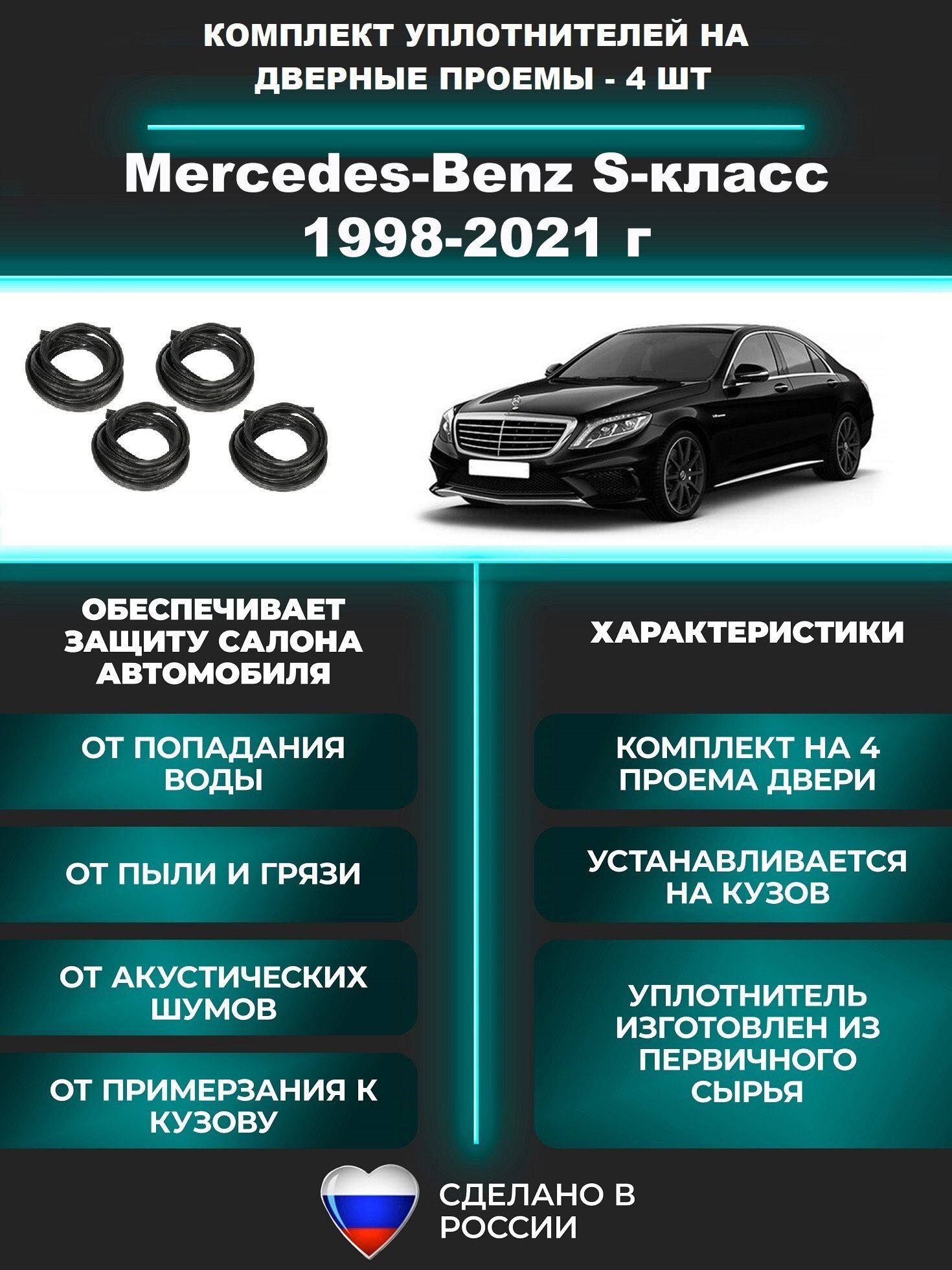 Комплект уплотнителей на проем дверей для Mercedes-Benz S-класс 1998-2021 г, Мерседес-Бенц С-класс, 4 шт