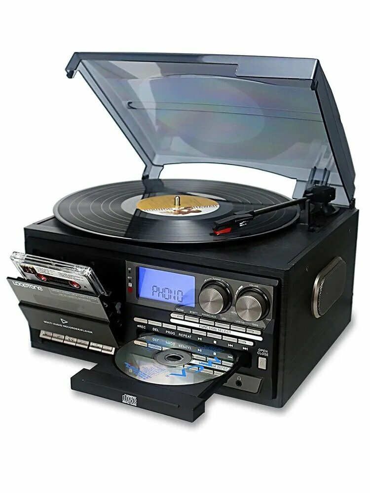 Виниловый проигрыватель 10 в 1 3 скорости Bluetooth ретро CD кассета радио AM FM USB Aux In RCA (Цвет товара: черно-серый)