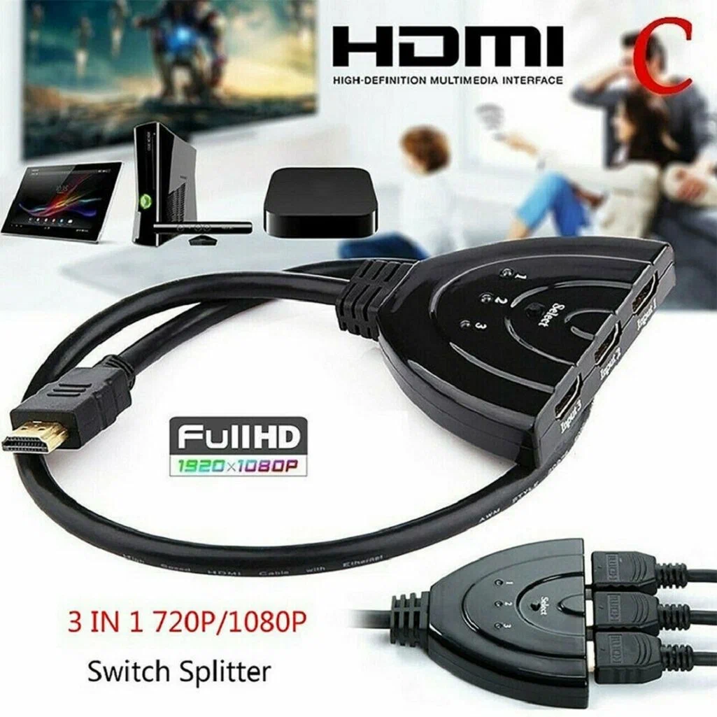 Кабель - разветвитель HDMI на 3 HDMI с переключателем, Cantell FullHD, 0.6 м, черный