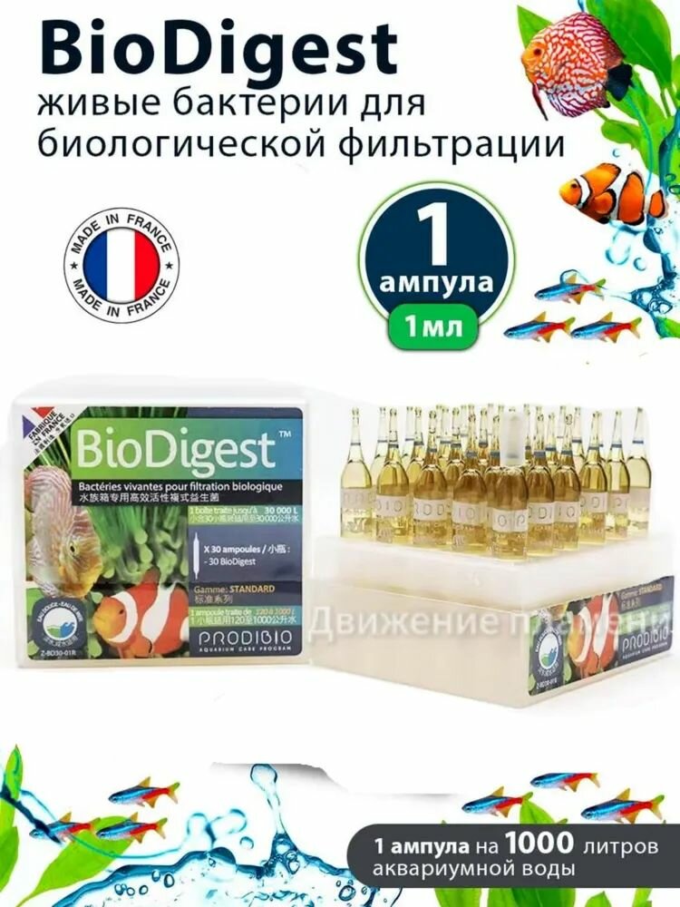Живые бактерии для биологической фильтрации для пресного и морского аквариума Prodibio BioDigest, 1 ампула
