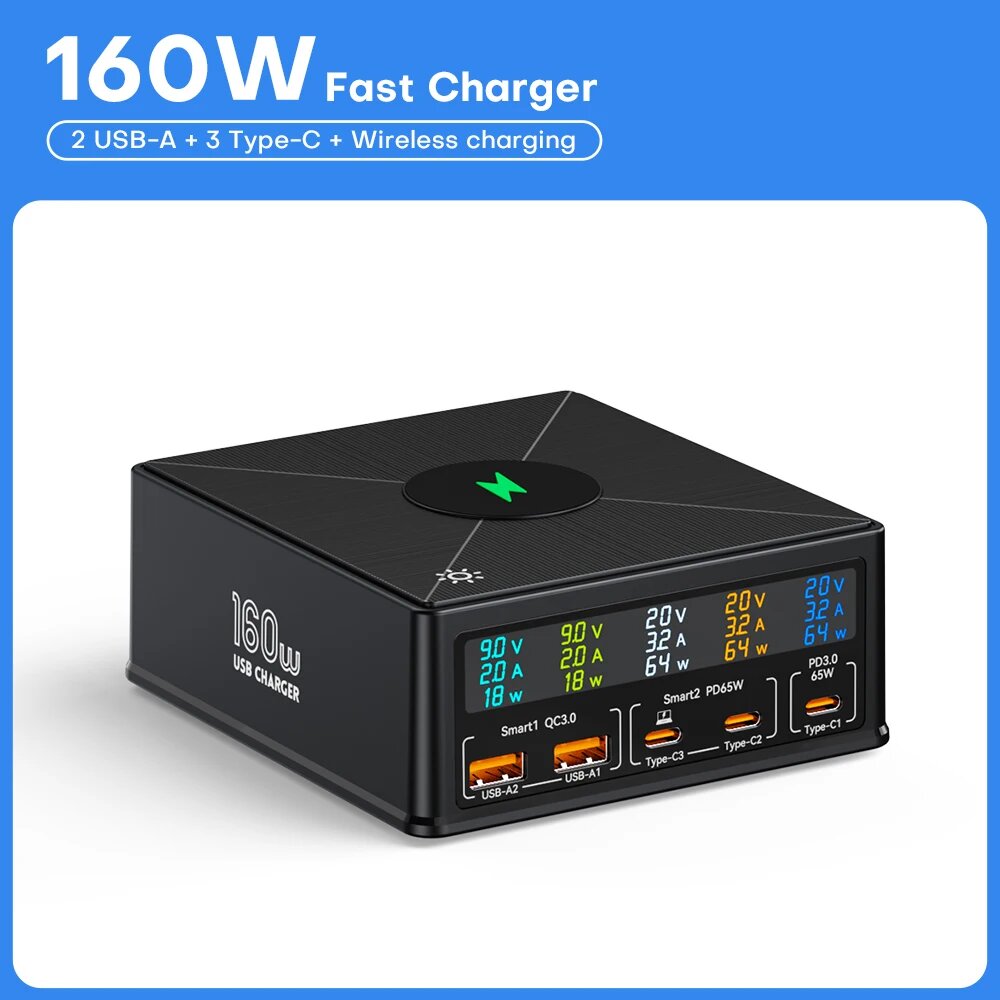 Зарядная станция 160W USB-C PD, 5 портов, беспроводная, EU plug