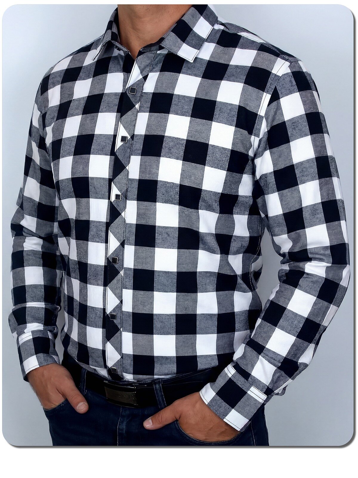 Рубашка приталенная с длинным рукавом мужская рубашка, темная сорочка, на кнопках, рубаха на любой сезон, разноцветная клетка, без карманов, на любой сезон и на лето рубашка Slim fit с приталенным кроем зауже
