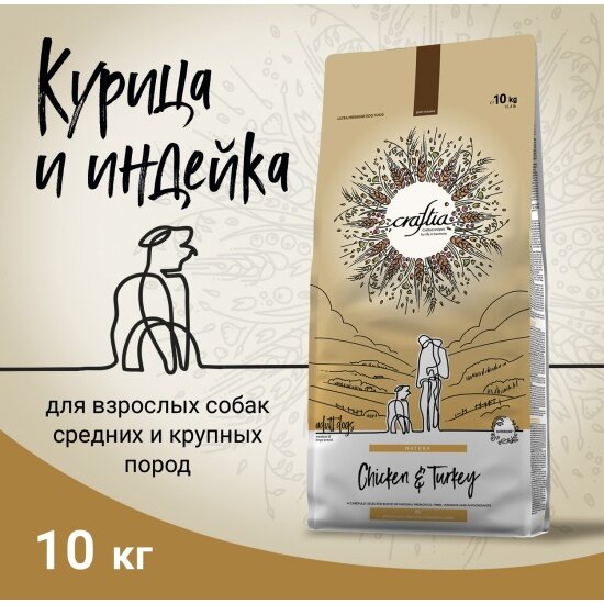 Корм сухой Craftia NATURA для взрослых собак средних и крупных пород из курицы и индейки, 10 кг