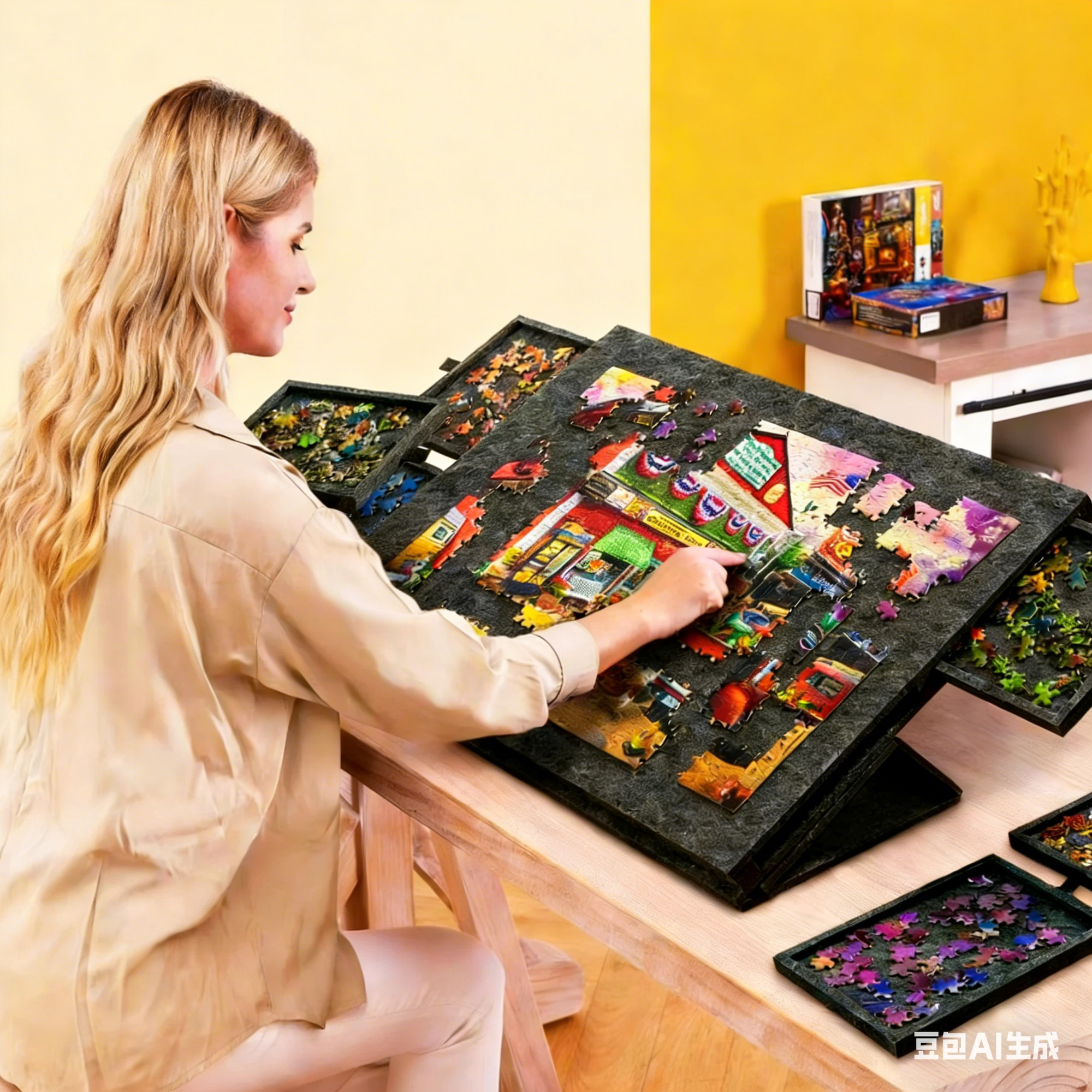 Коврик-стол для пазлов с ящиками, Стол коврик для сборки пазлов, чёрно-серая