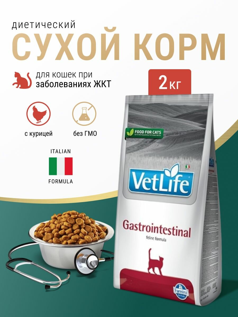 Farmina Vet Life Gastrointestinal диетический сухой корм для кошек при заболеваниях ЖКТ, с курицей, 2кг