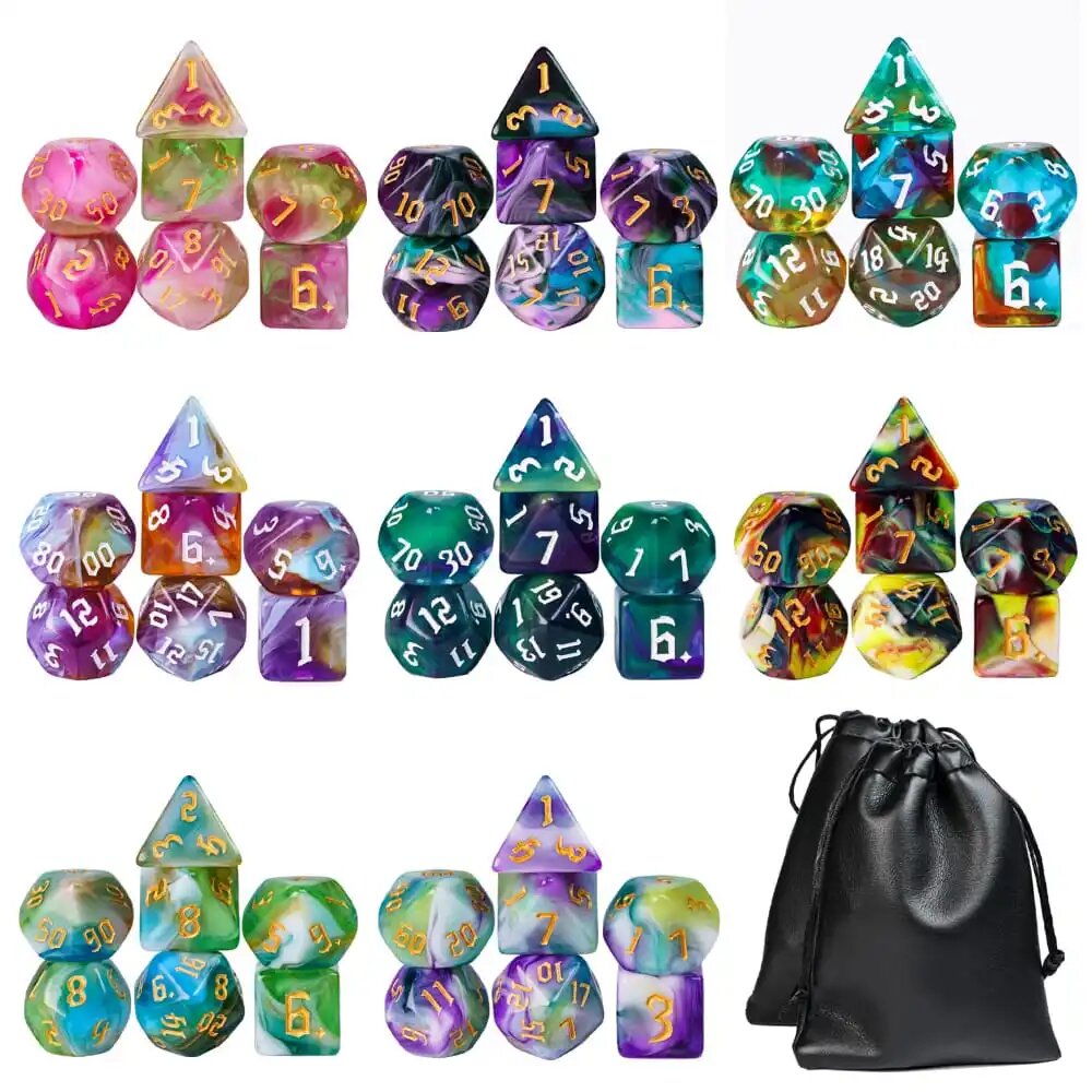 Многоцветные игровые кубики DND, 8 компл./56 шт, серпный шрифт D4 D6 D8 D10 D00 D12 D20, набор многогранных кубиков для ролевых настольных игр