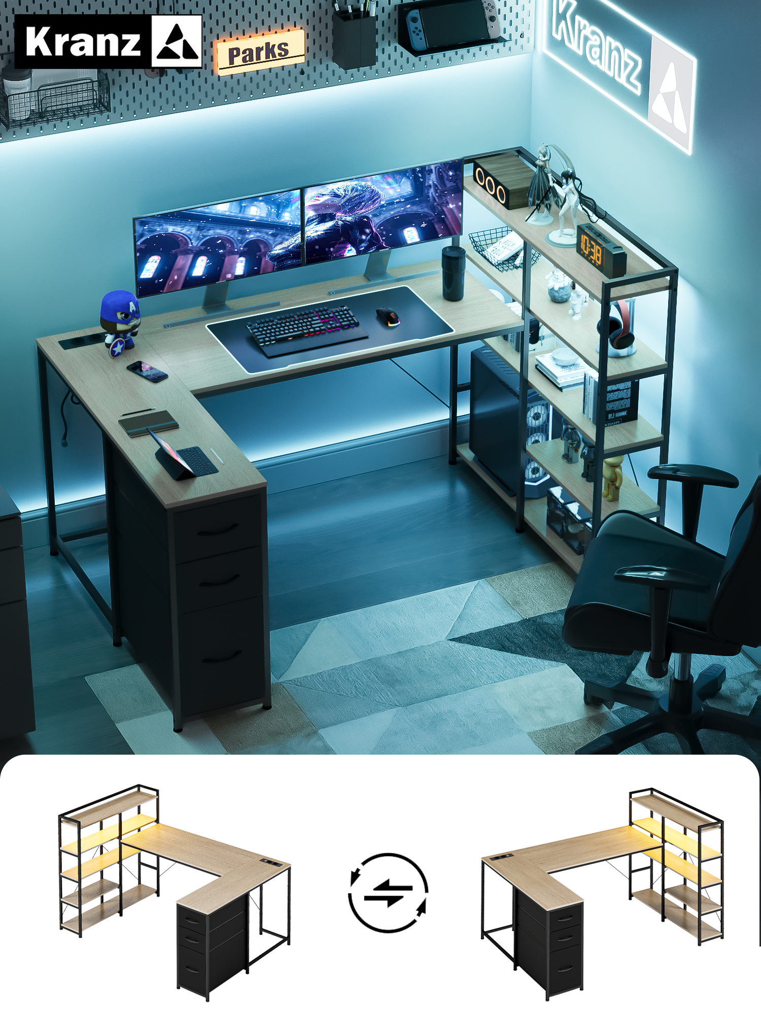 Угловой стол Kranz Модерн, универсальный угол, 3 ящика, с розеткой и LED-подсветкой