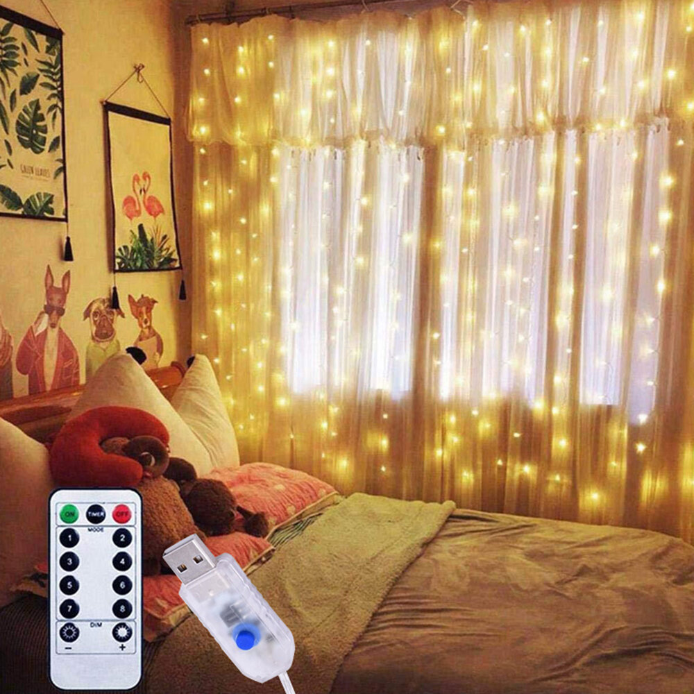 Twinkle Star Светодиодная занавесная лента 300 LED для окон, свадьбы, вечеринок, дома, сада, спальни, улицы, помещений, стен Warm White, материал медь, 4 стиля: Eight function USB WW, Eight-function USB RGB, Eight Function USB Rainbow, Music mode USB WW,