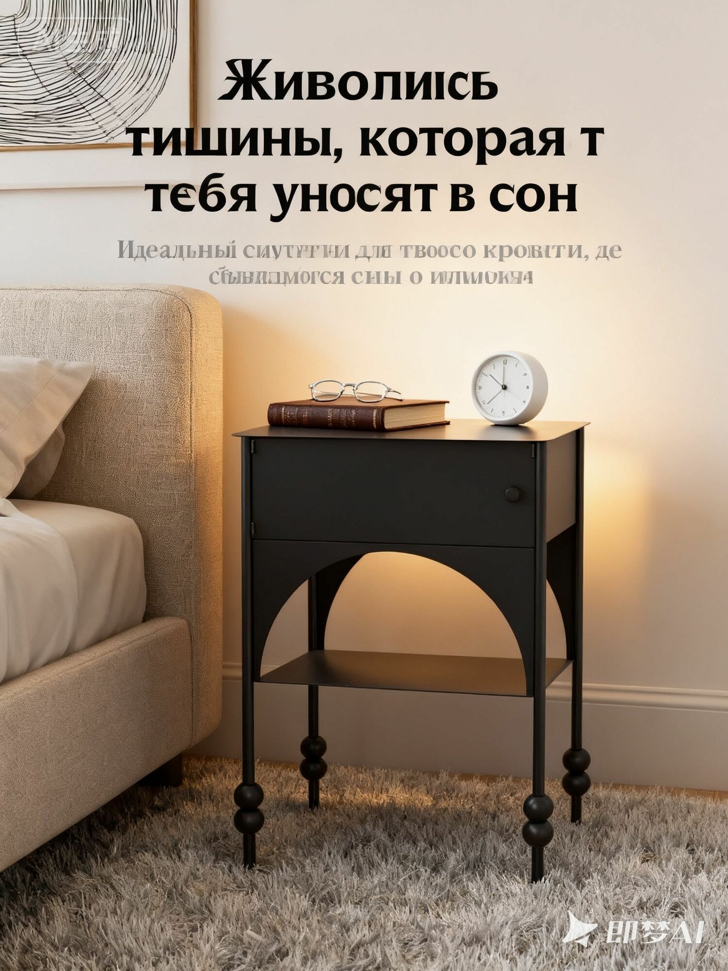 Прикроватный столик черный с ящиком и арочной полкой, современный тумба с шарнирными ножками и выдвижным ящиком, элегантный дизайн для спальни и гостиной