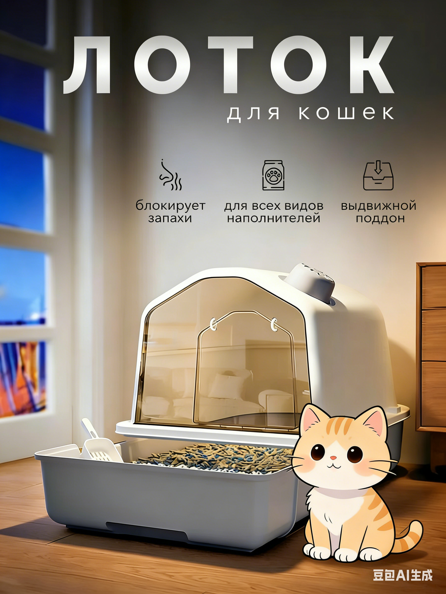 Лоток для кошек закрытый большой домик с бортами, белый, серый