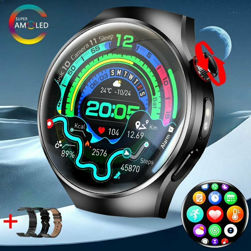 Смарт часы умные Smart Watch наручные с AMOLED экран, с GPS, вызова по Bluetooth, Фитнес-браслет, для Android iOS,3 ремешка