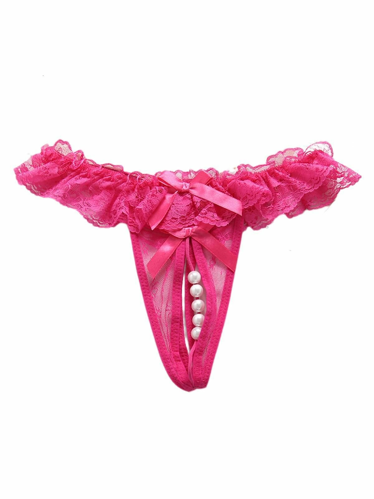 Женские кружевные стринги с открытой промежностью-розово-красные-один размер