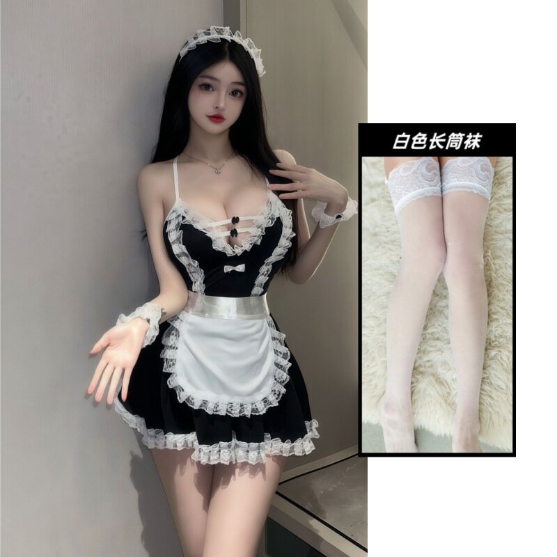 Милая и игривая форма горничной, соблазнительный наряд горничной, милый кружевной комплект нижнего белья для ролевых игр. Черно-белое + белые чулки.