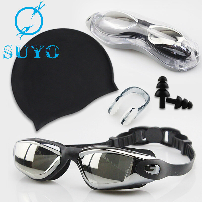 Набор для плавания взрослые очки для плавания плавательный капюшон водонепроницаемые и антидымовые силиконовые очки электропокрытие высококачественные очки для плавания можно напечатать Черный 4-компонентный набор [очки + плавательный капюшон + ноздриный