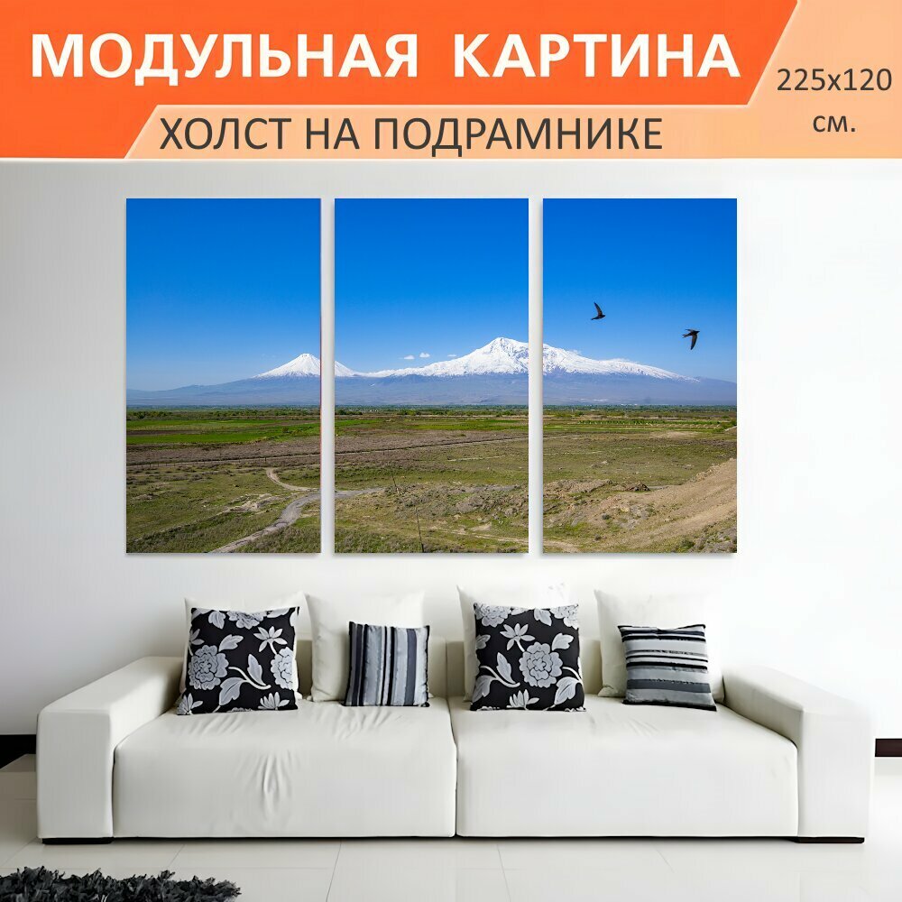 Модульная картина на холсте "Ararat, армения, пейзаж" триптих на подрамнике 225х120 см. для интерьера