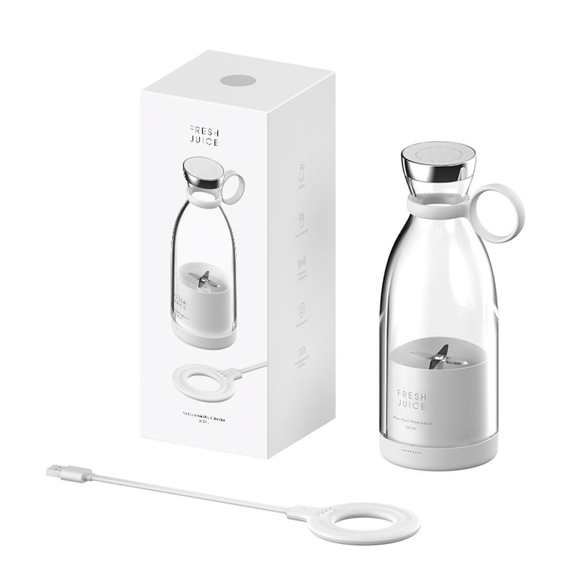 Портативный блендер Youguo 214B, 350ml/11.8oz, белый, материал пищевой PC + ABS, PP + нержавеющая сталь 304, зарядка магнитная USB 5V/1A, батарея 1400mAh 7.4V, вес 490g, размеры 82*82*218mm, в комплект входят 1 блендер, 1 док-станция, 1 инструкция