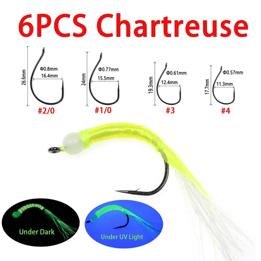 Мушки для нахлыста светящиеся, 6 шт, Chartreuse, Size 3