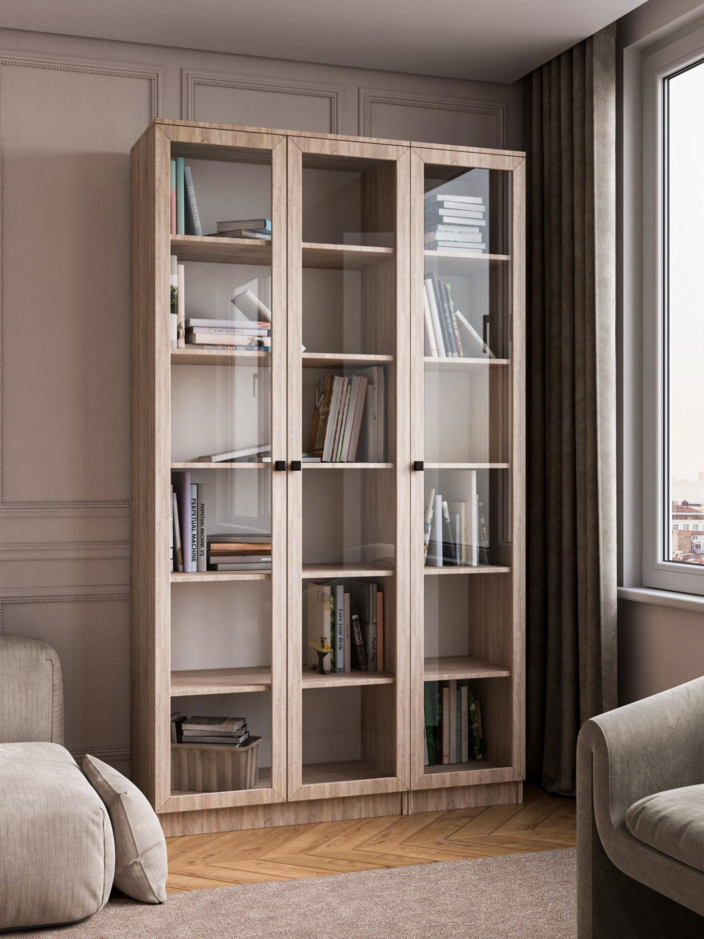 Шкаф-витрина Вест 3.1, 102х38х210 см, со стеклянными дверцами, книжный шкаф-стеллаж с полками, дуб сонома