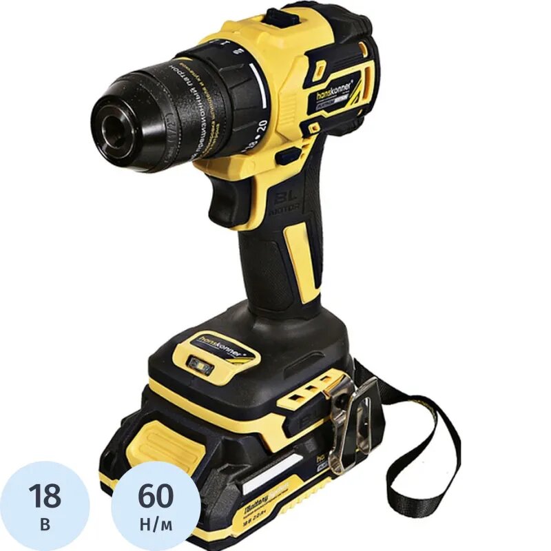Дрель-шуруповерт акк б/щ Hanskonner,18В,1BatterySystem,60Нм, HCD2065C 2129768