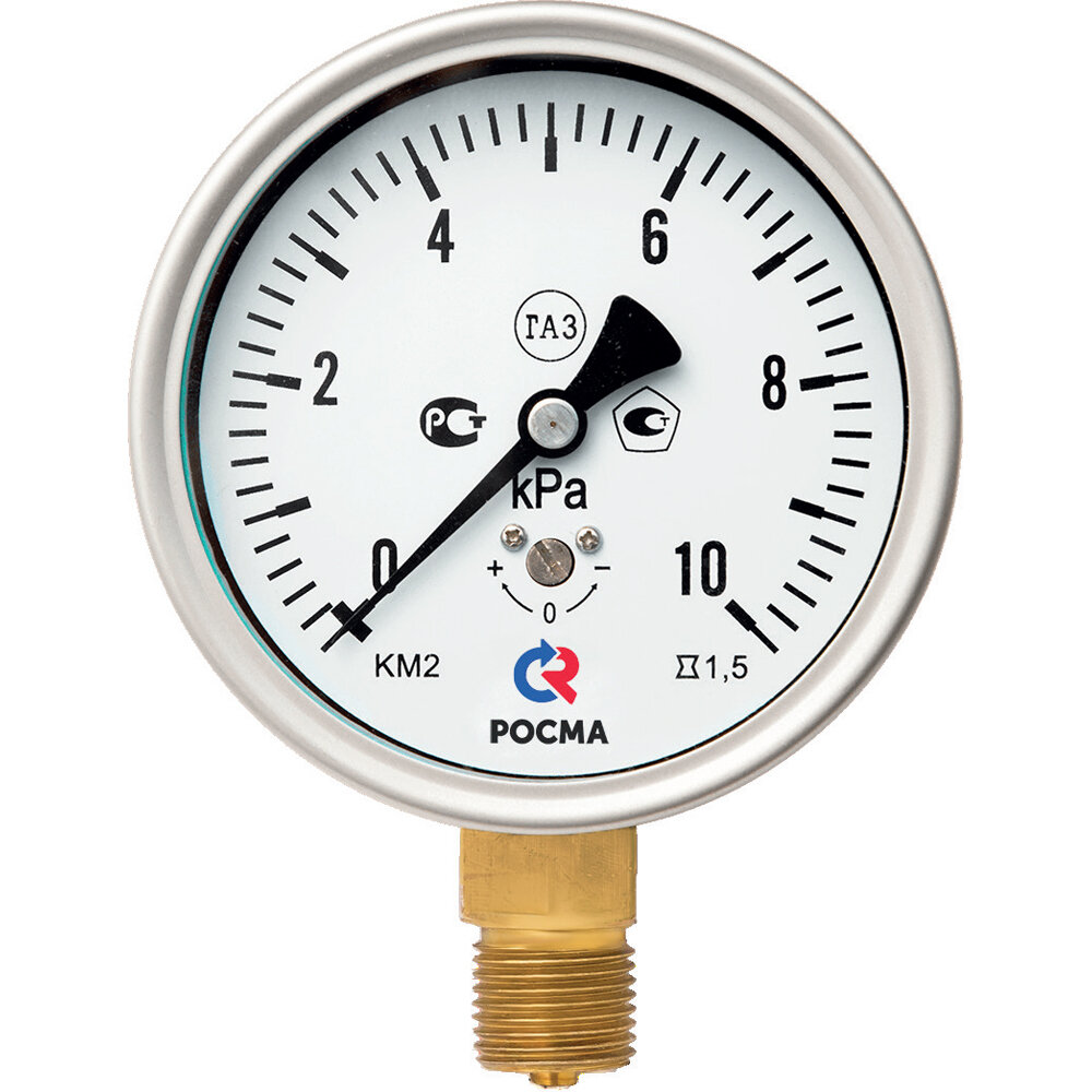 Манометр низкого давления Росма КМ-12Р (0-10кПа) M12x1.5 1.5 63мм, тип - КМ-12Р, радиальное присоединение, 0-10кПа, резьба M12x1.5, класс точности 1.5