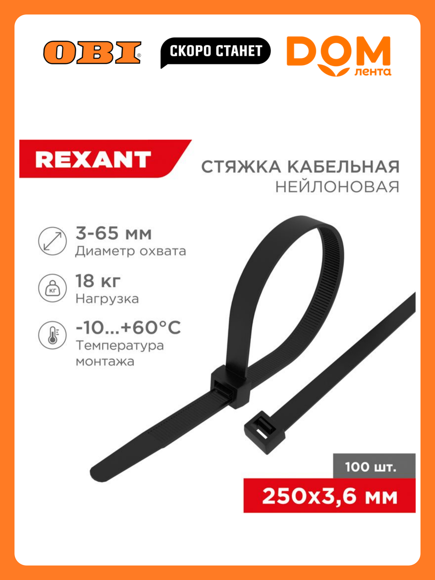 Стяжка REXANT, нейлоновая, 250 мм x 3,6 мм, черная, 100 штук