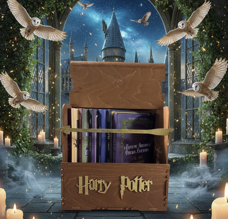 Гарри Поттер. Учебники Хогвартса в деревянном сундуке комплект из 6 книг по Гарри Поттеру + подарки