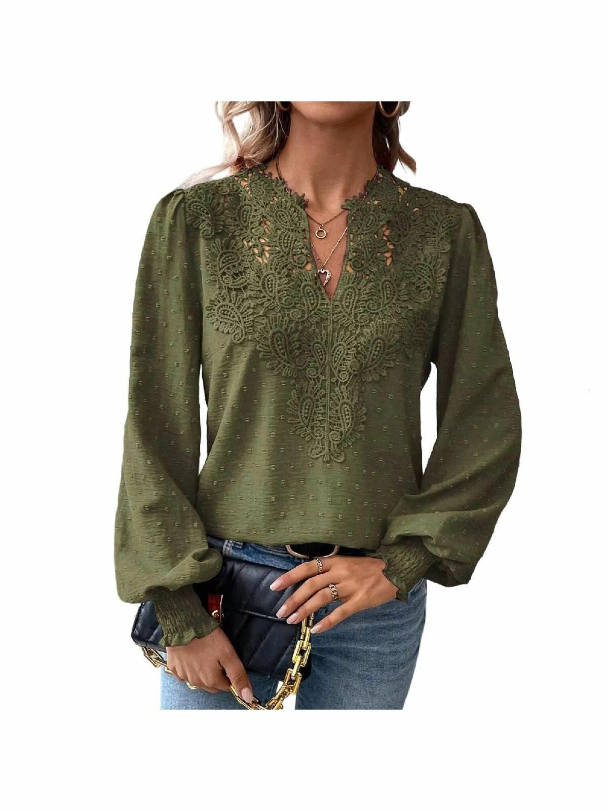 Женская блузка с V-образным вырезом и длинными рукавами, Зеленый - S