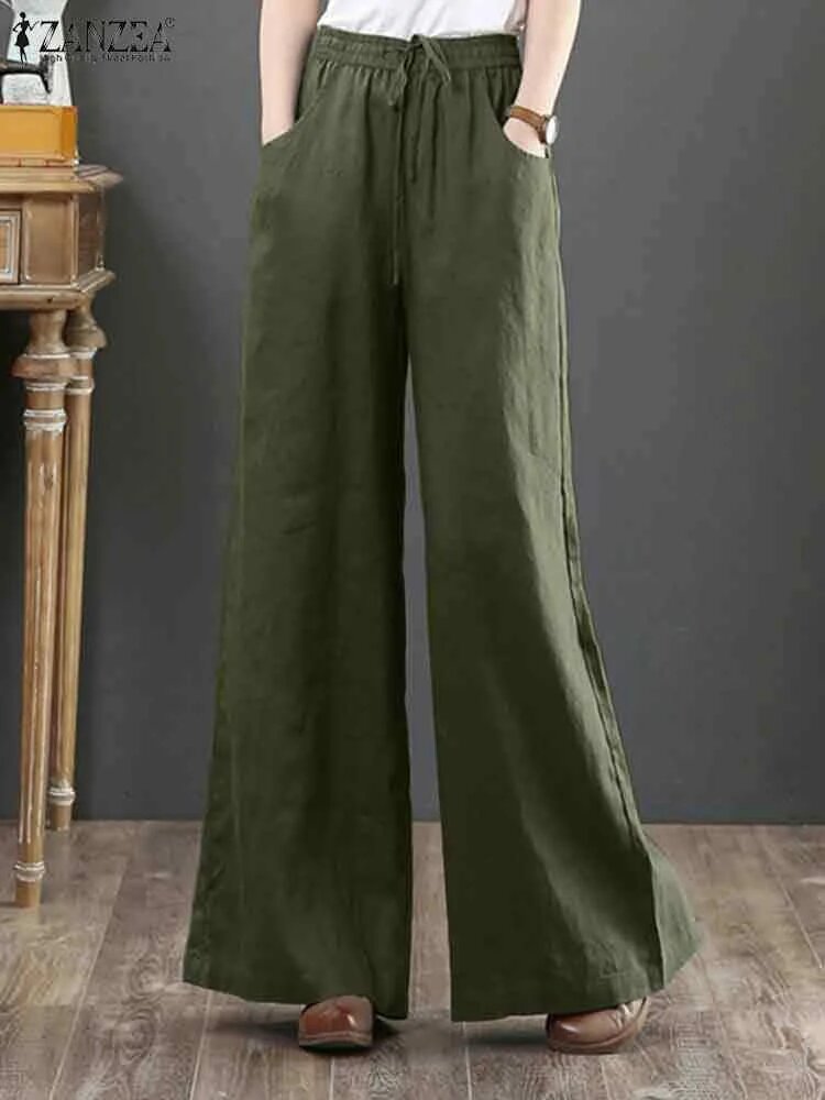 Брюки ZANZEA женские с широкими штанинами, однотонные длинные брюки с завышенной талией, Рабочие комбинезоны в стиле палаццо, с мятой, большие размеры, на весну-лето